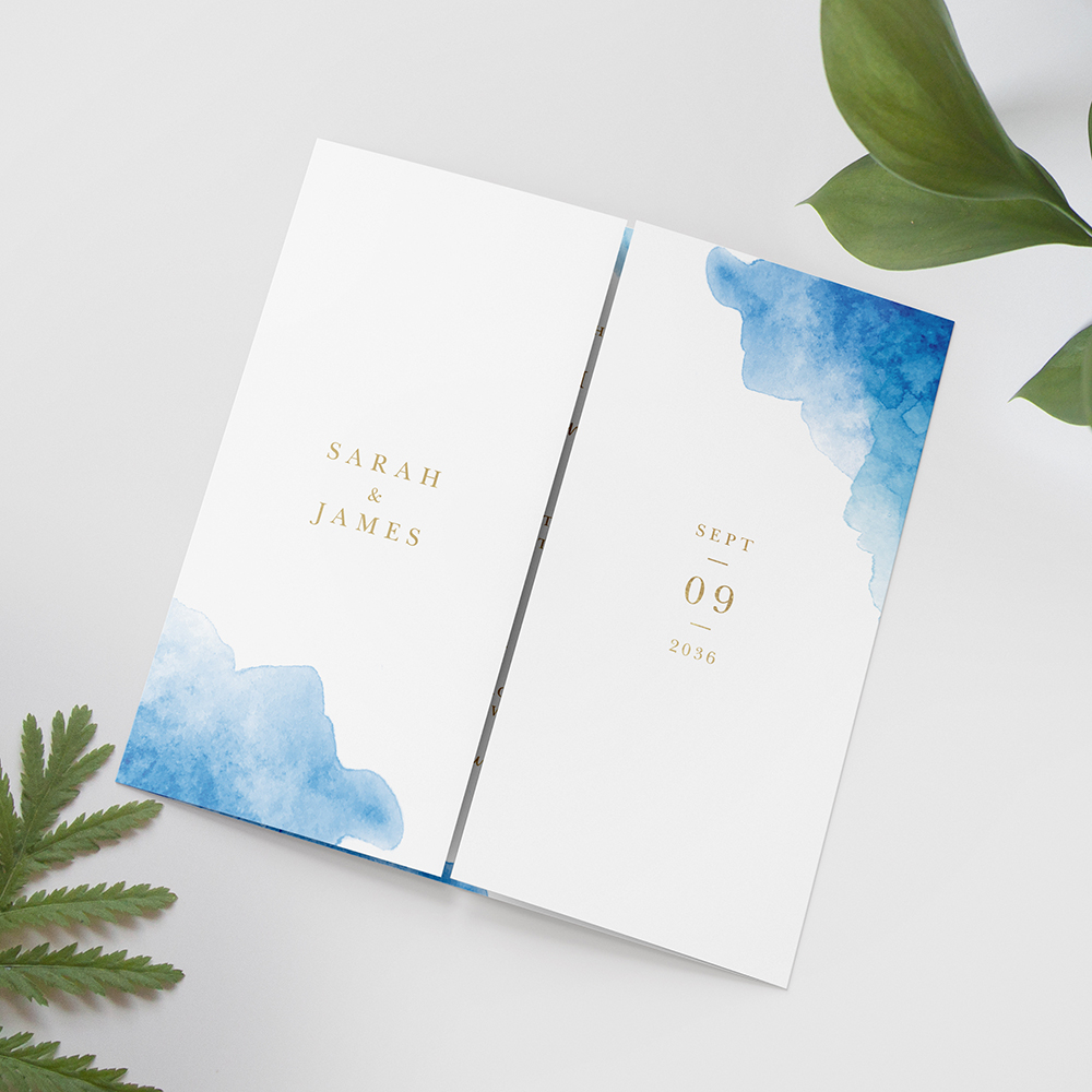 Foil Printed Gatefold Wedding Invitations 'Blue Splash'
